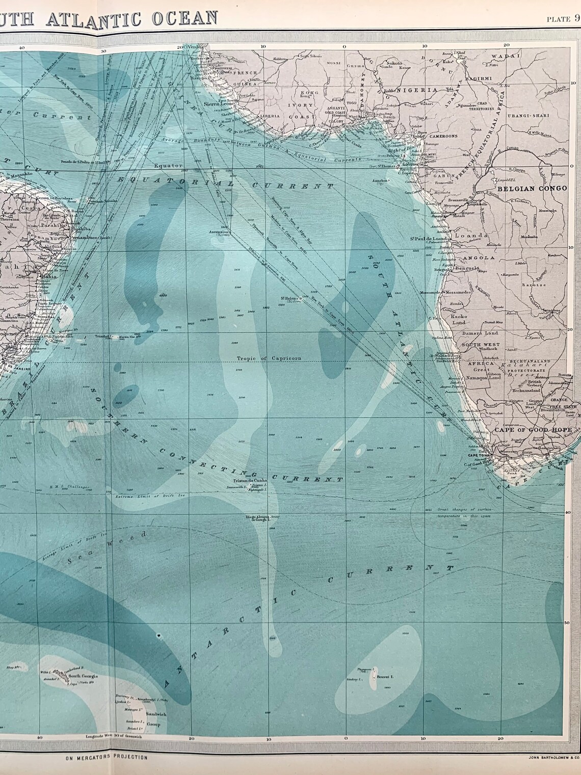 South Atlantic Ocean Map, Original 1922 Times Atlas Map, South America ...
