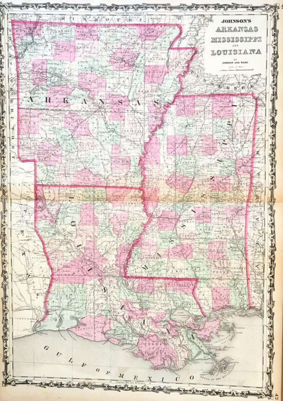 Arkansas, Mississippi, and Louisiana Map, Original 1863 Johnsons Atlas ...