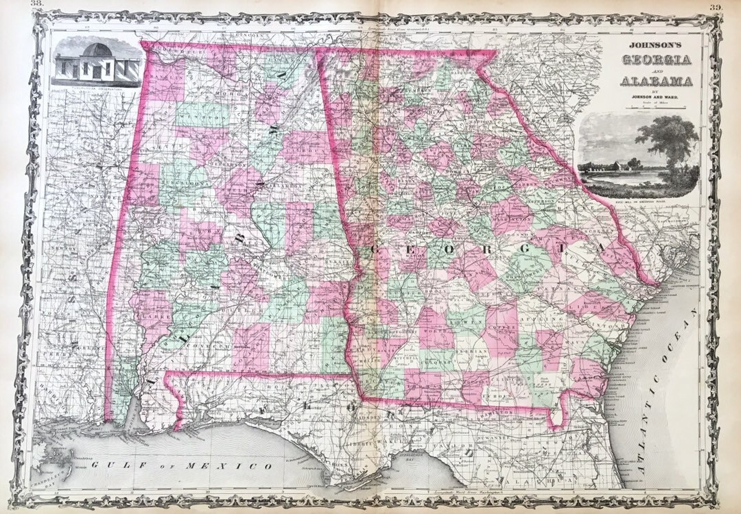 Georgia and Alabama Map, Original 1863 Johnsons Atlas Map, Savannah ...