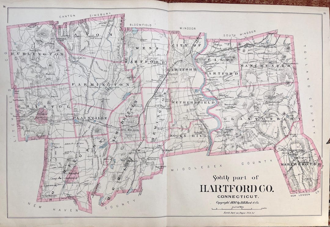 Hartford County Map, Original 1893 State of Connecticut Atlas ...