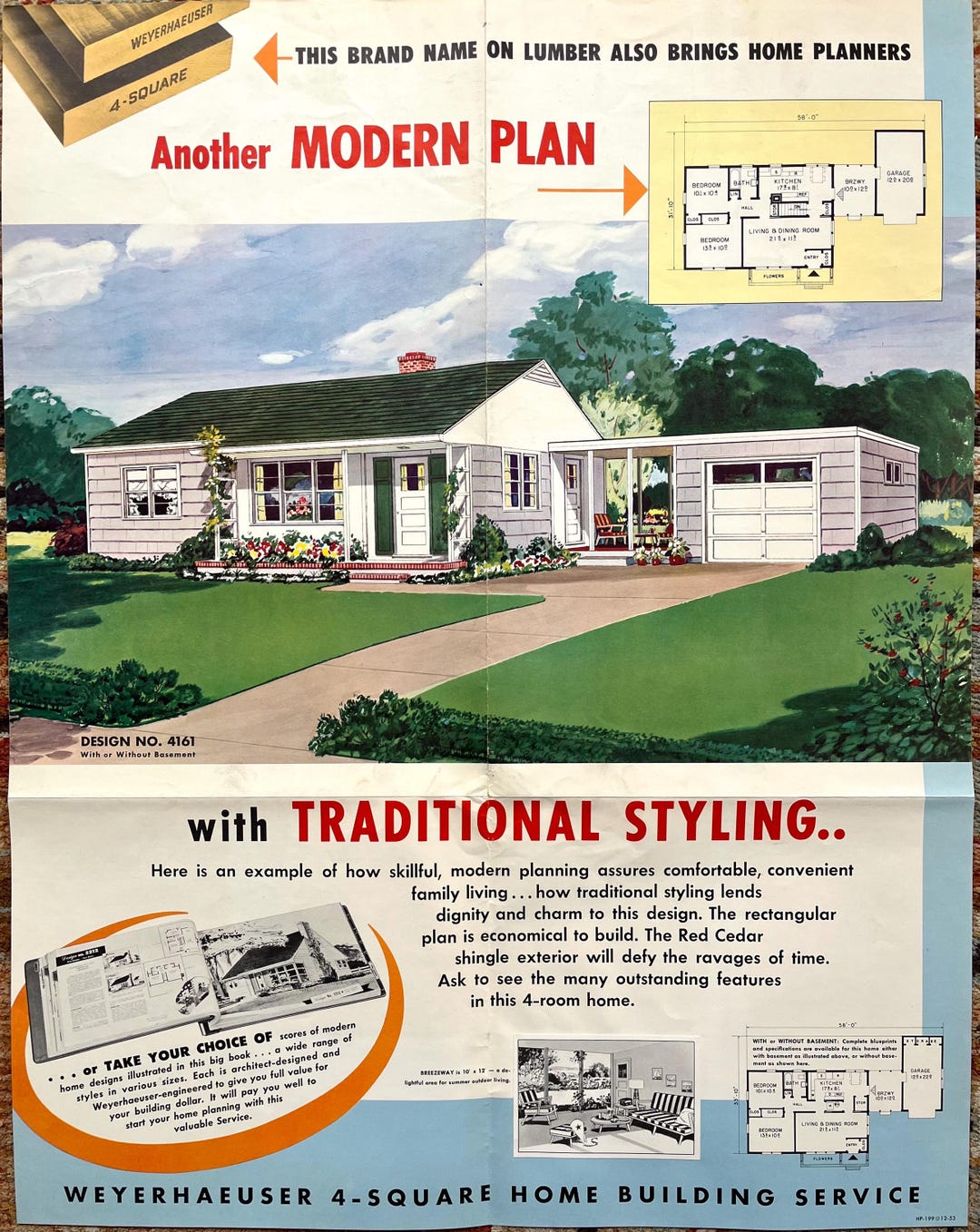Vintage House Plan Poster, Original 1950s Weyerhaeuser Mid Century ...