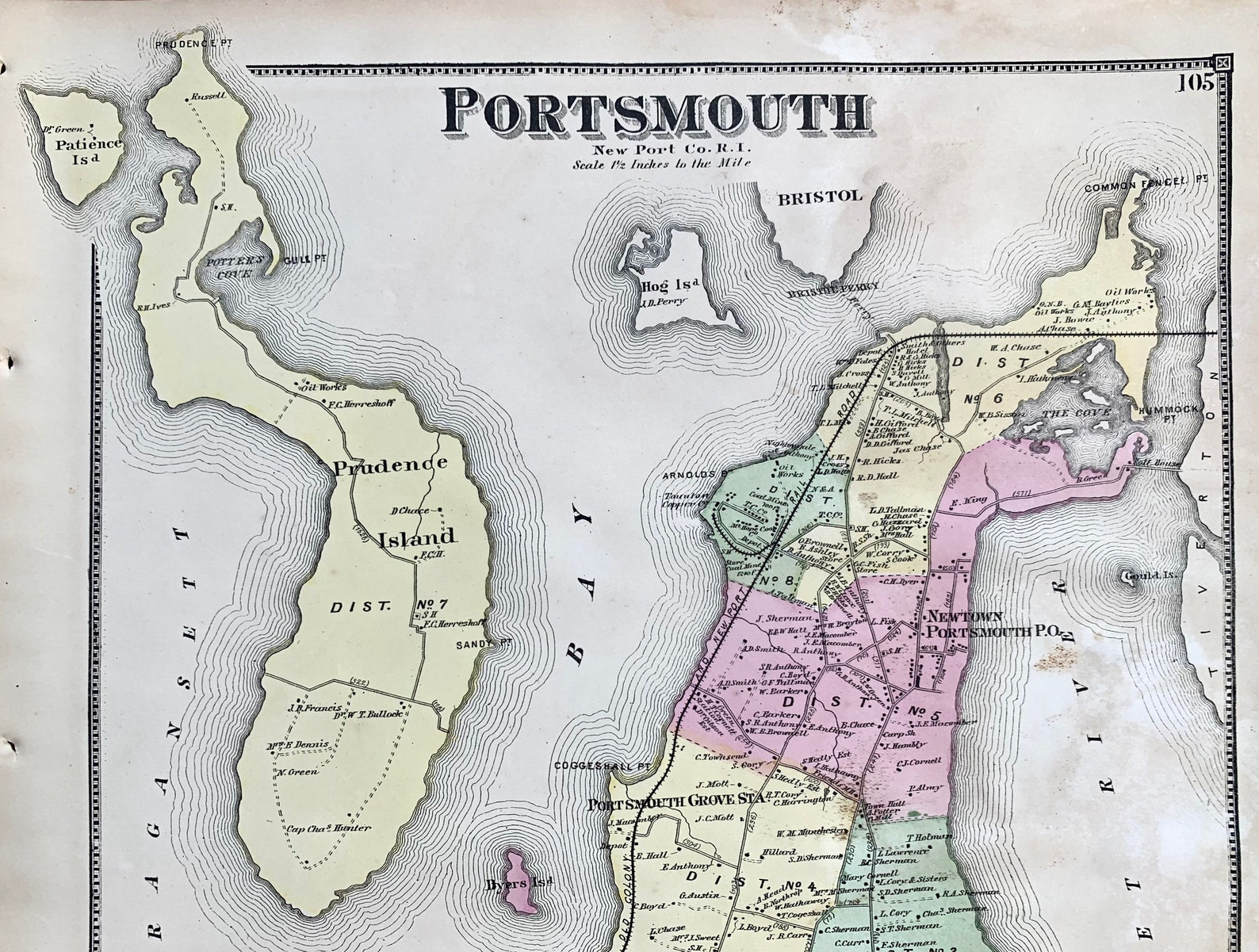 Portsmouth Map, Original 1870 State of Rhode Island Atlas, Newport ...
