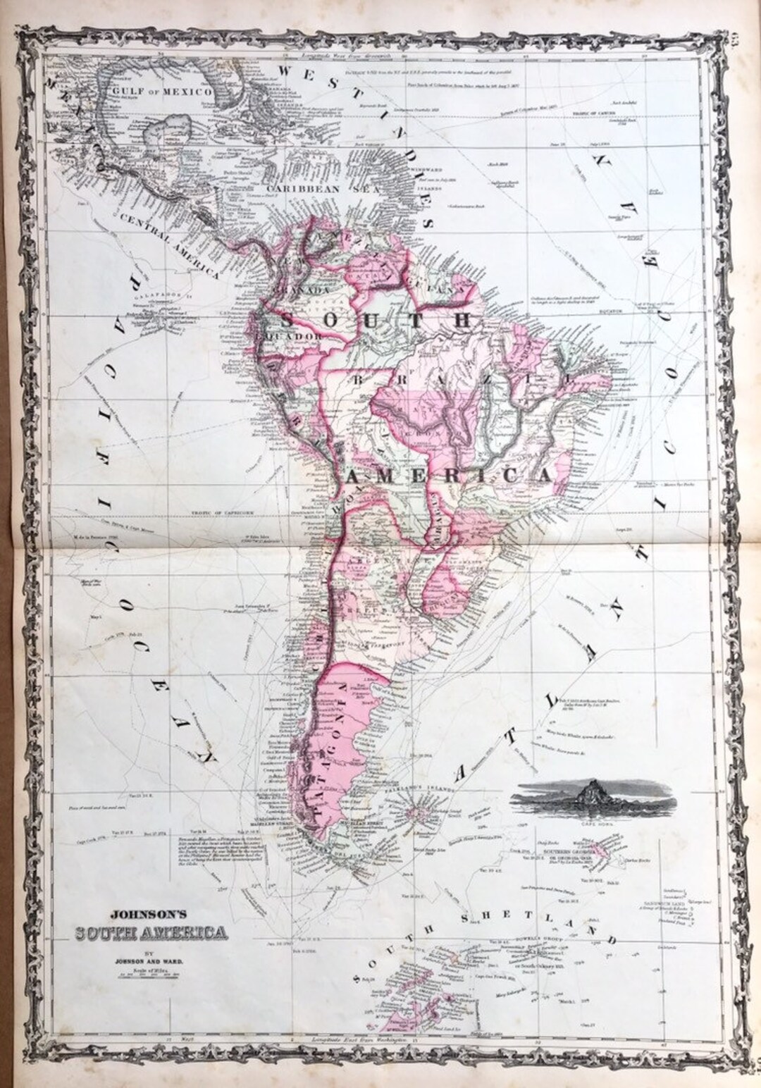 South America Map, Original 1863 Antique Map, Hand Colored, Johnson's ...