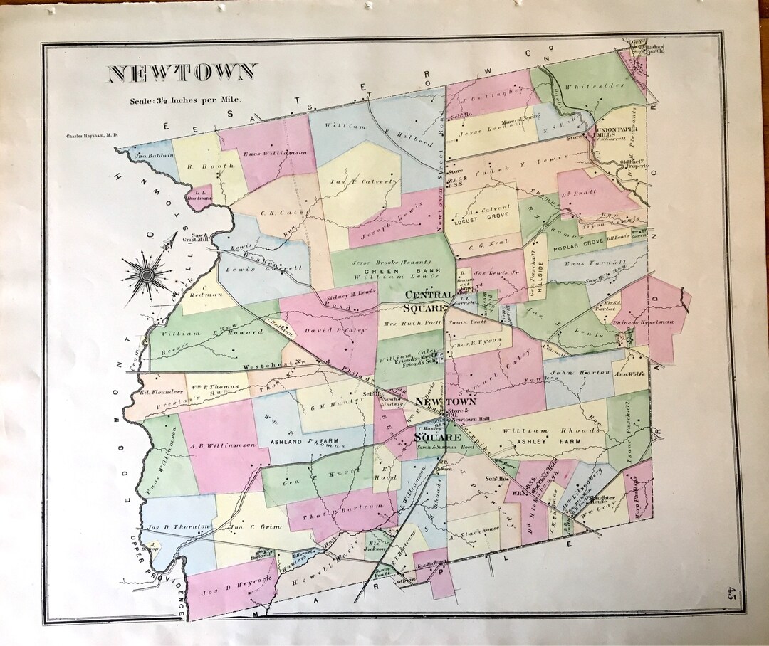 Newtown Township Map, Original 1870 Delaware County Atlas, Newtown ...