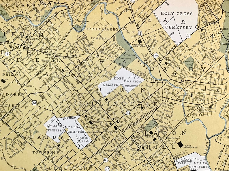 Upper Darby Township Map, Original 1951 Franklins Atlas, Clifton ...