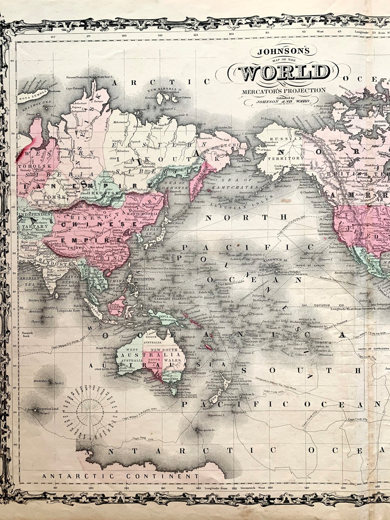 Map of the World, Original 1863 Johnson and Ward Atlas, Mercators ...