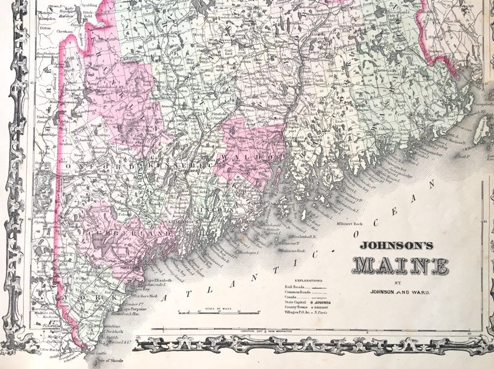 Antique Maine Map, Original 1863 Johnsons Atlas, Hand Colored - Etsy