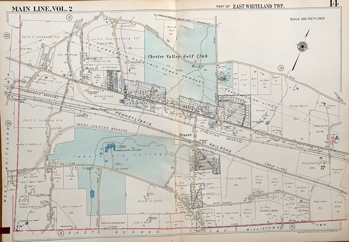 East Whiteland Township Map, Original 1950 Franklin Survey Main Line ...