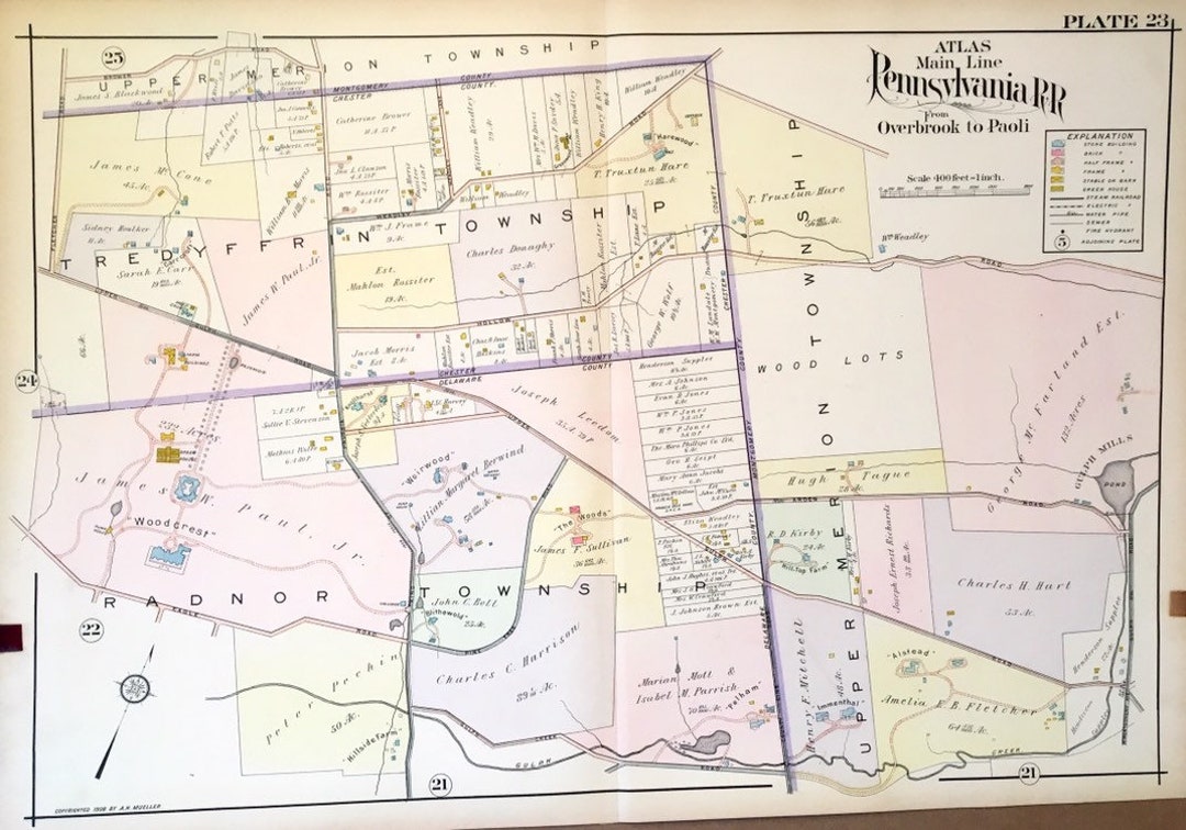 Tredyffrin Township Map, Original 1908 Mainline Pennsylvania Railroad ...