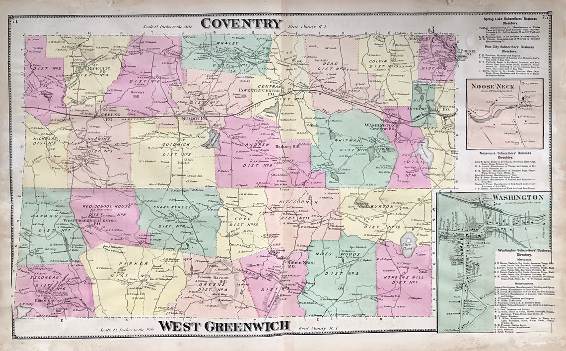 Coventry Map, Original 1870 Rhode Island Atlas, East Greenwich Map ...