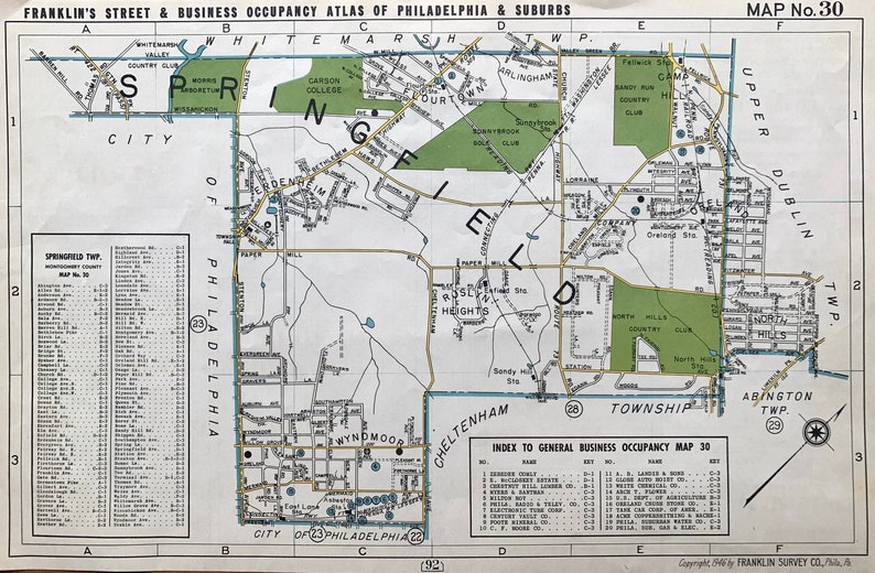 Flourtown Map, Original 1946 Franklin Survey Map, Springfield, Morris ...