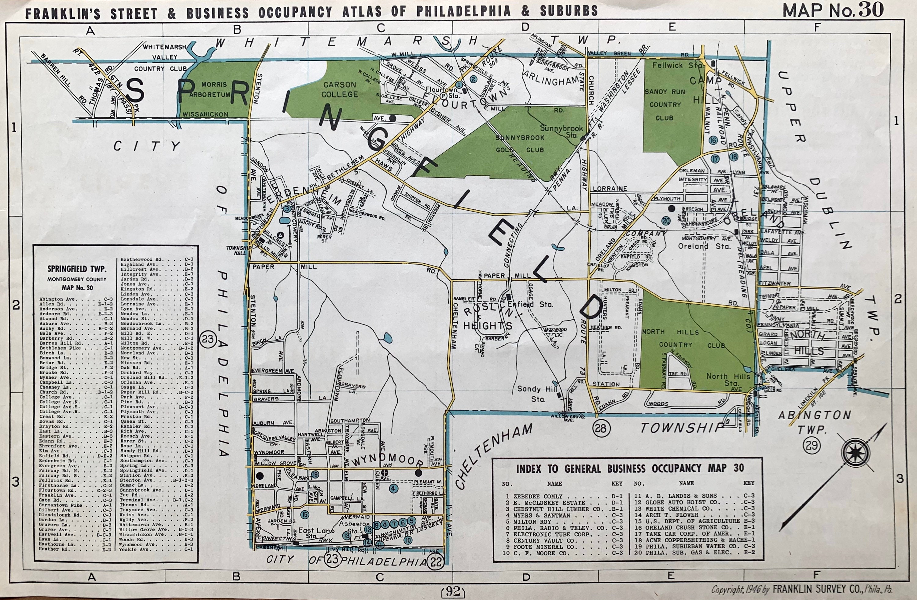 Flourtown Map, Original 1946 Franklin Survey Map, Springfield, Morris ...