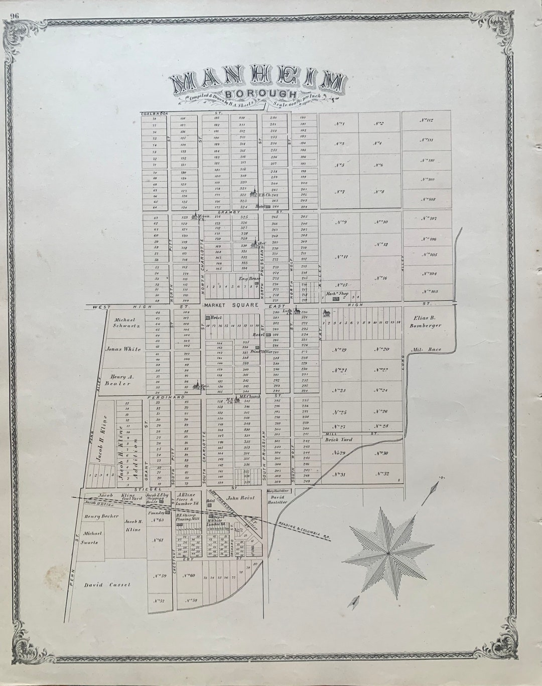 Manheim Borough Map, Original 1875 Lancaster County Atlas, Christiana ...