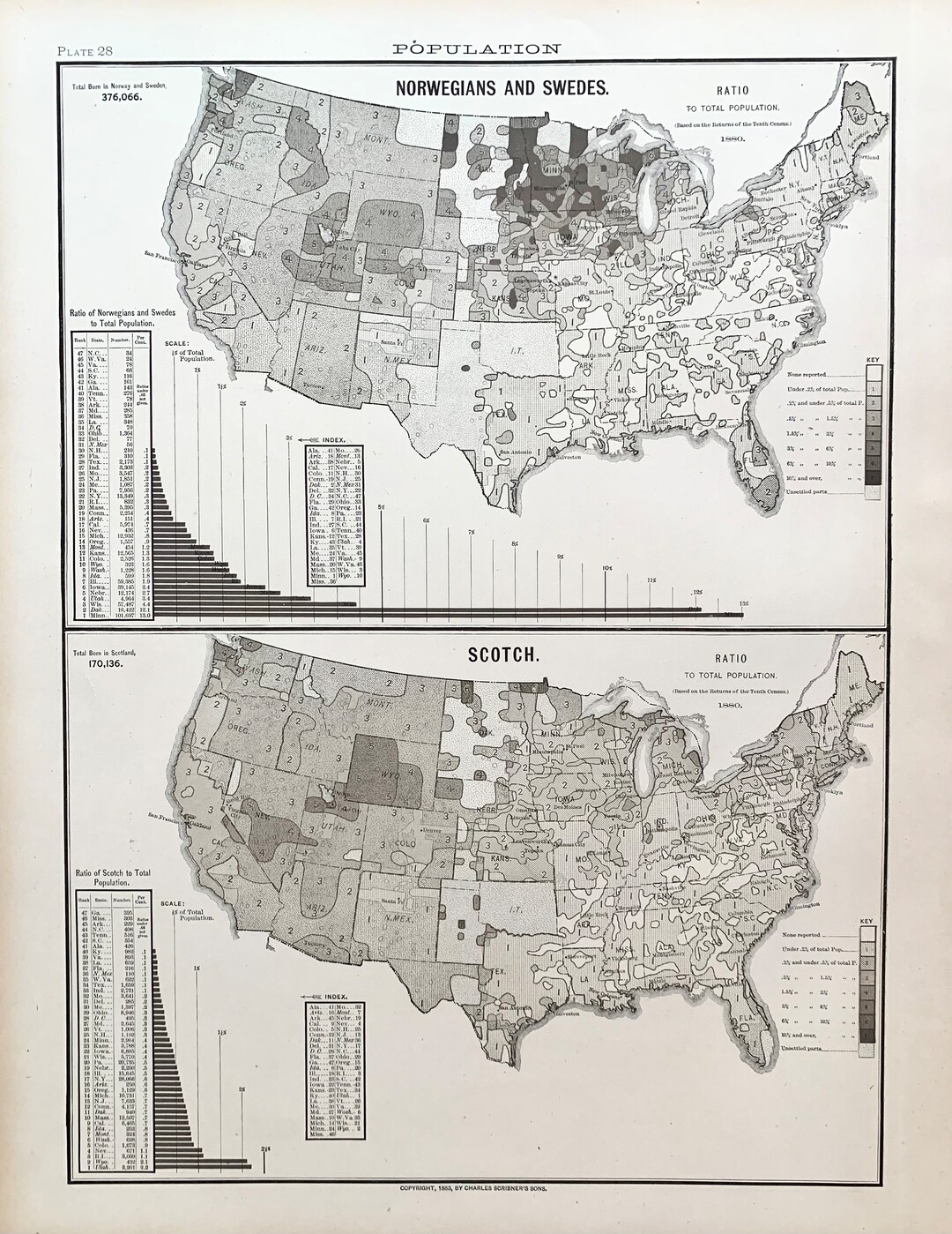 Antique Population Chart, Original 1883 Scribner Atlas, Immigration ...