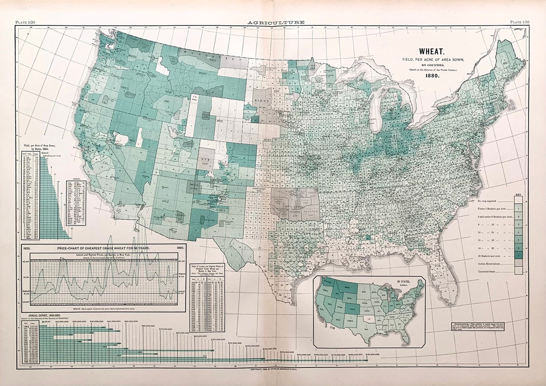 Antique Agriculture Map, Original 1883 United States Census Atlas ...