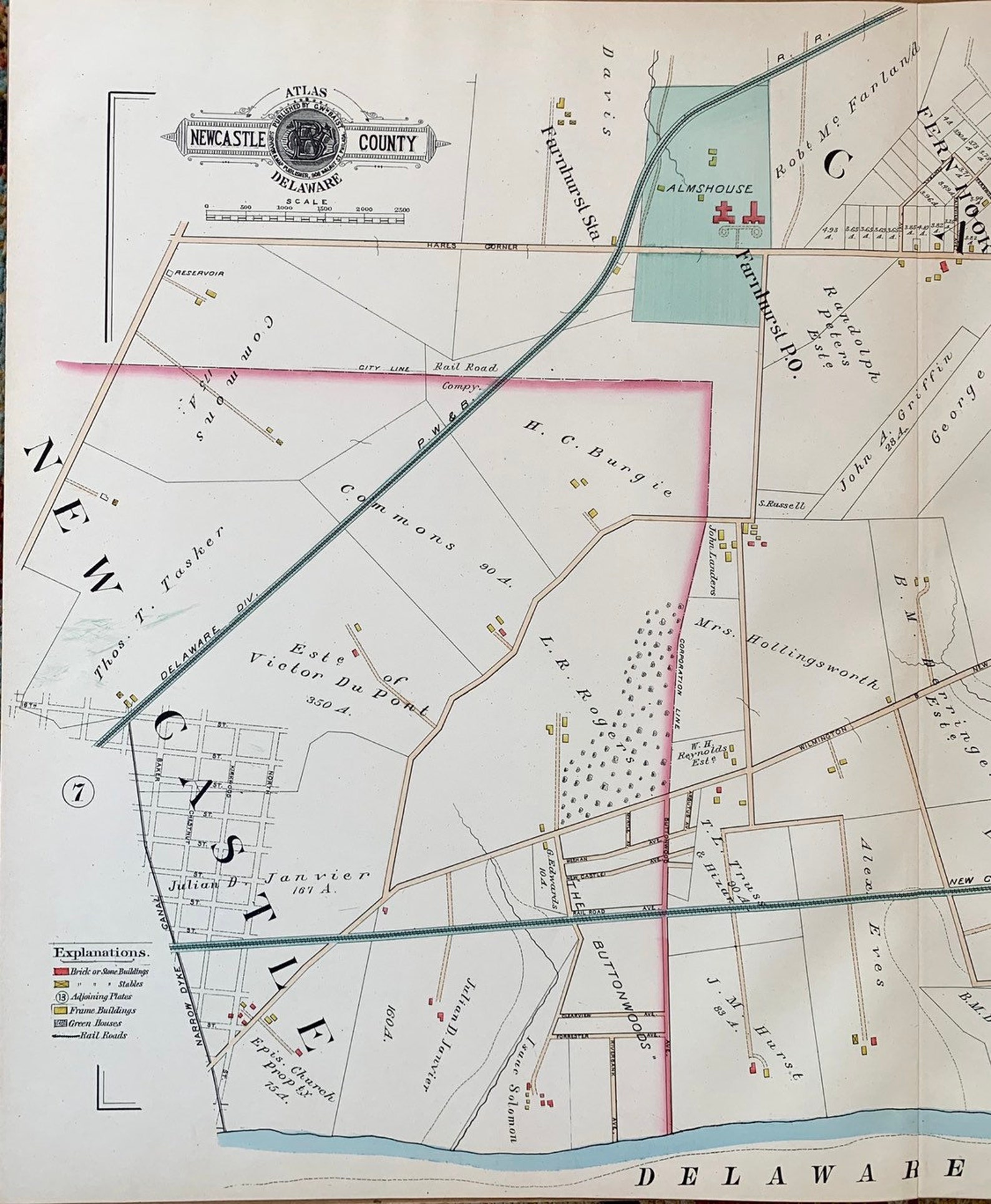 1893 New Castle County Atlas Map original hand colored map | Etsy