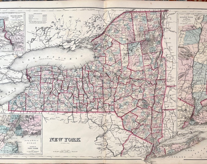 New York State Map, Original 1874 Grays Atlas, Albany, Buffalo, Hudson ...