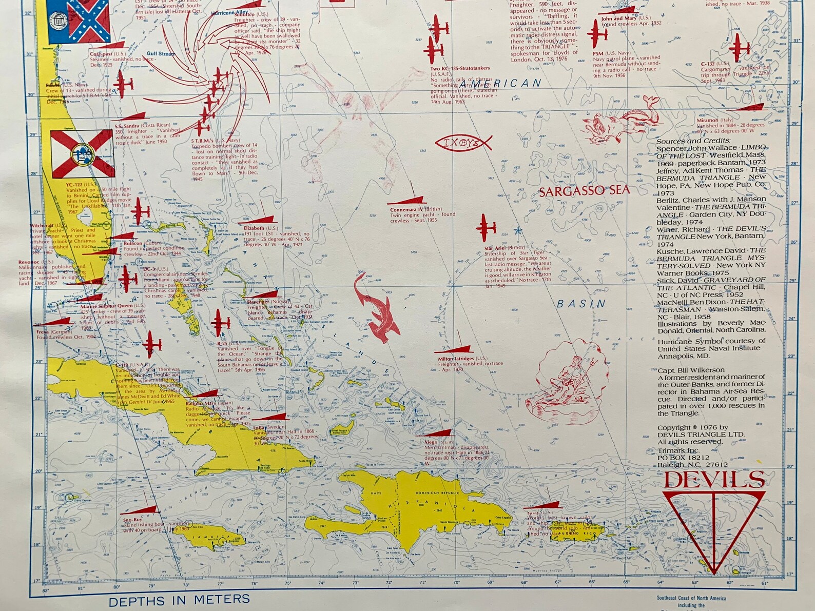 Bermuda Triangle Map, Original 1975 Nautical Map, Devils Triangle Ship ...