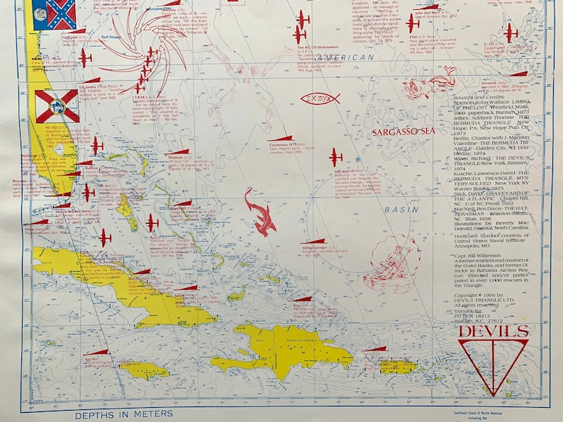 Bermuda Triangle Map, Original 1975 Nautical Map, Devils Triangle Ship ...