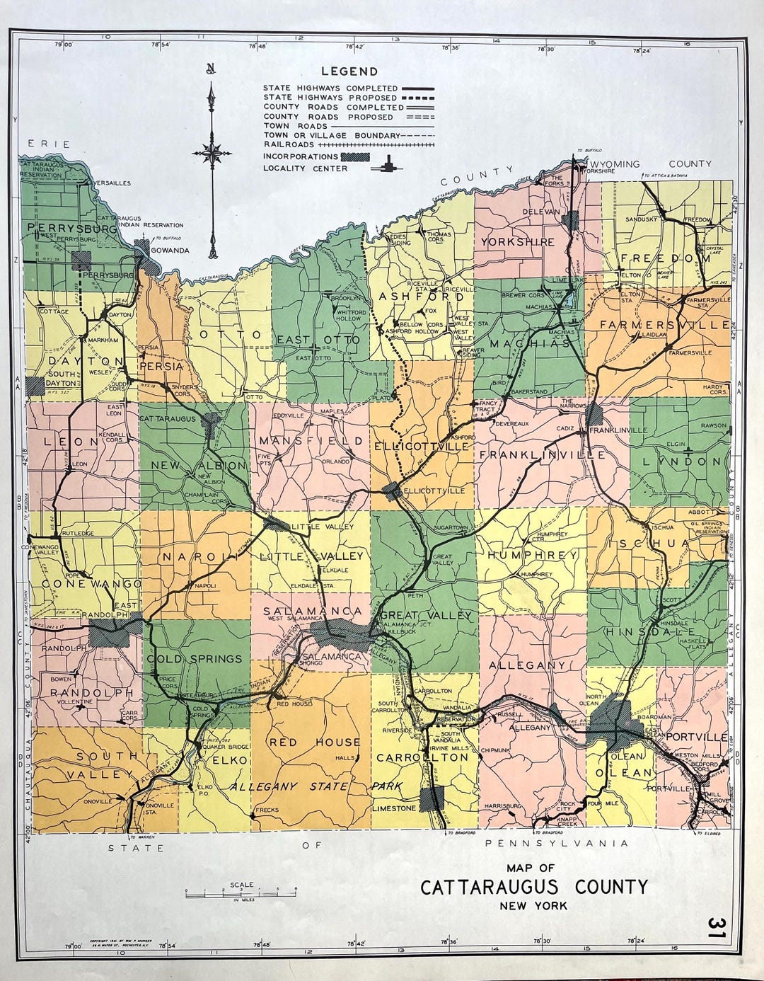 Cattaraugus County Map, Original 1941 New York State Atlas, Olean ...