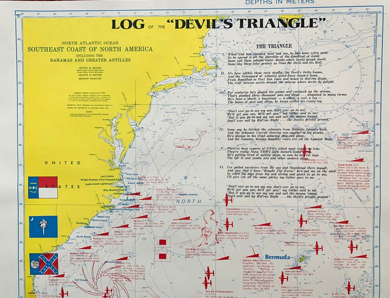 Bermuda Triangle Map, Original 1975 Nautical Map, Devils Triangle Ship ...