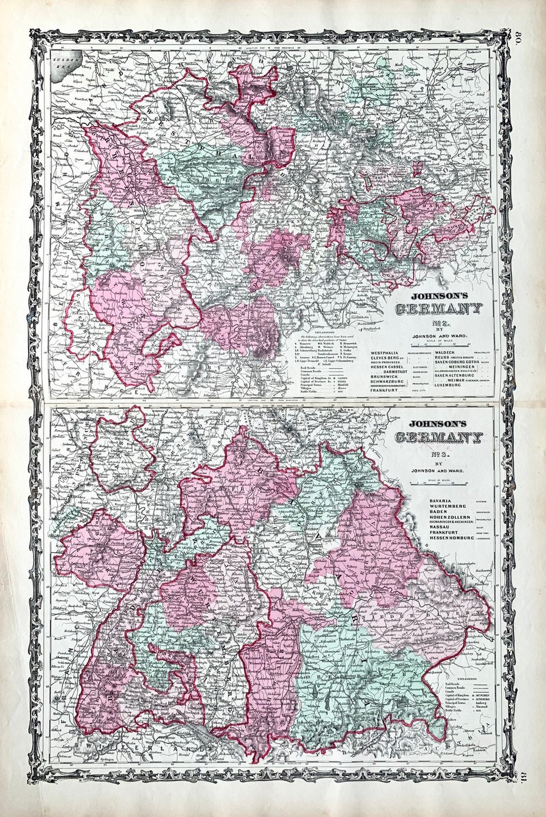 Germany Map, Antique Johnsons Map of Germany, Original 1863 Hand ...