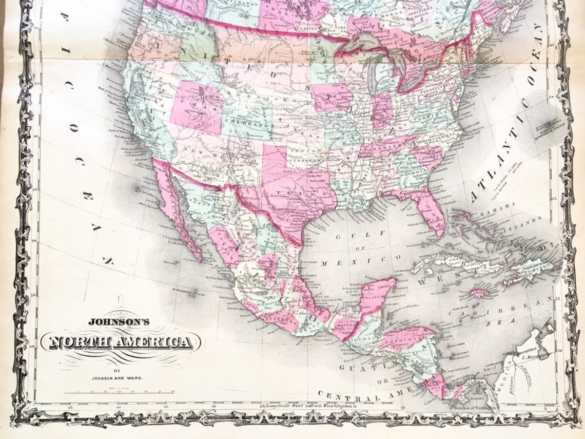 North America Map Original 1863 Johnson and Ward Atlas | Etsy