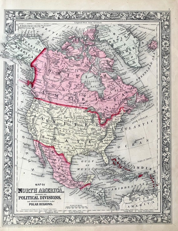 North America Map Original 1862 Mitchells Atlas United | Etsy
