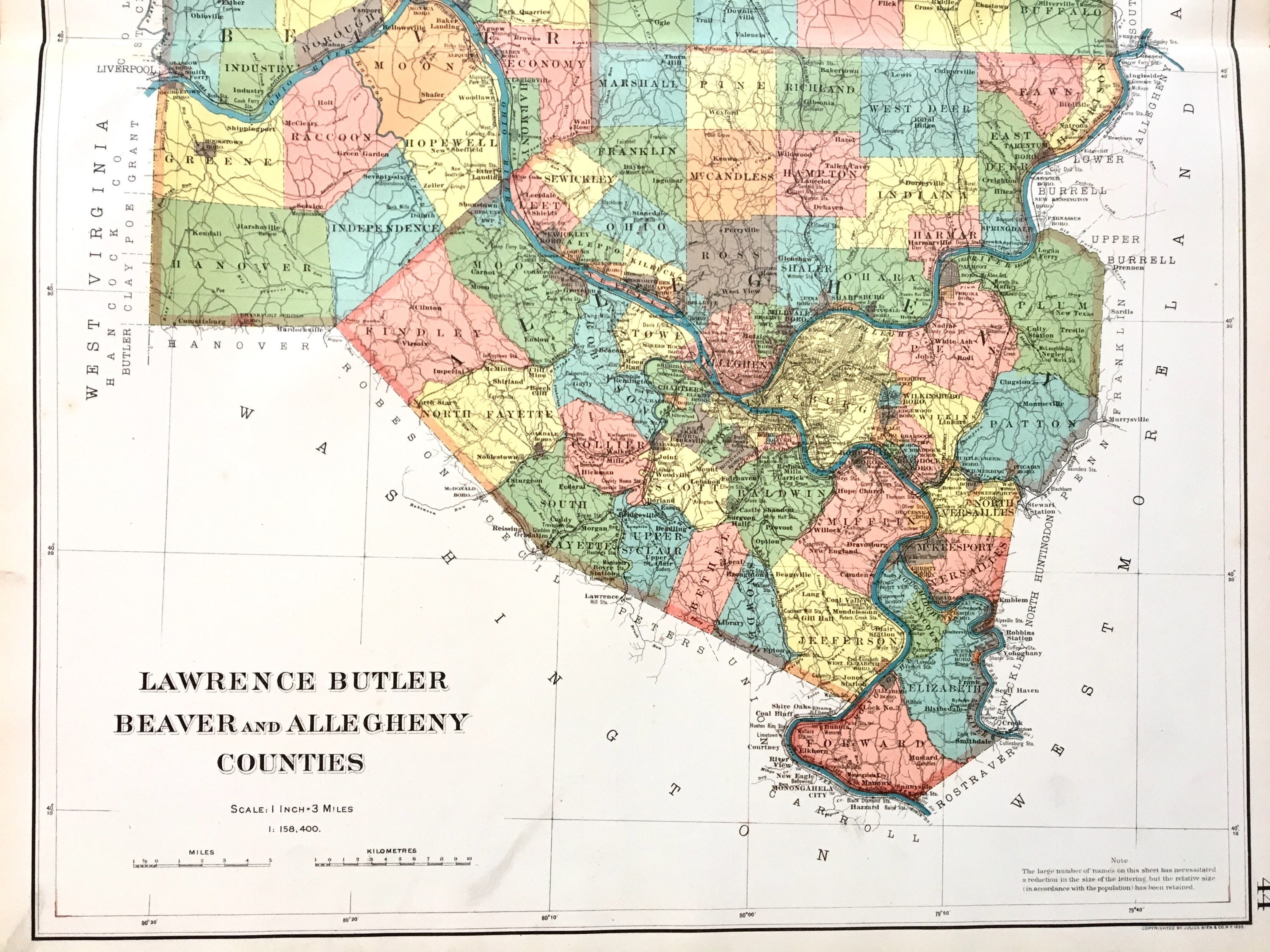 Allegheny County Map, Original 1900 State of Pennsylvania Atlas, Butler ...