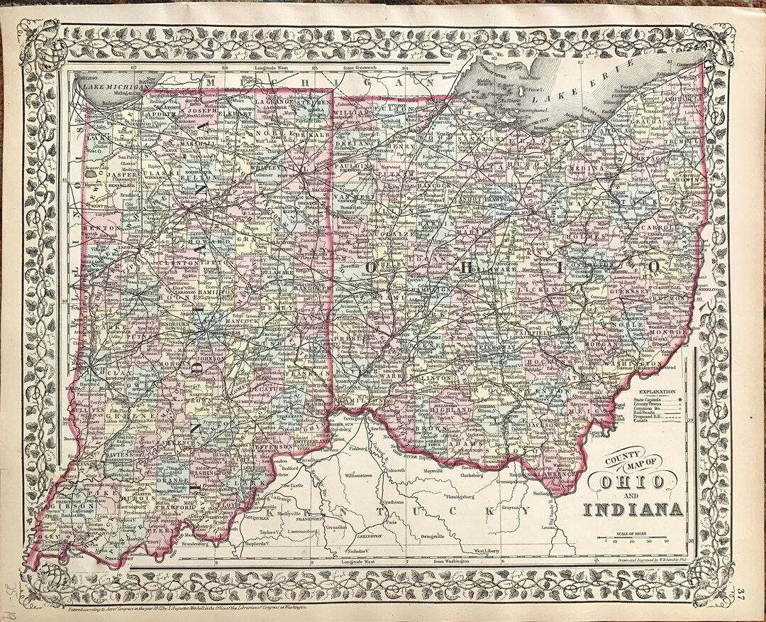 1872 Map of Ohio and Indiana Original Antique Hand Colored - Etsy