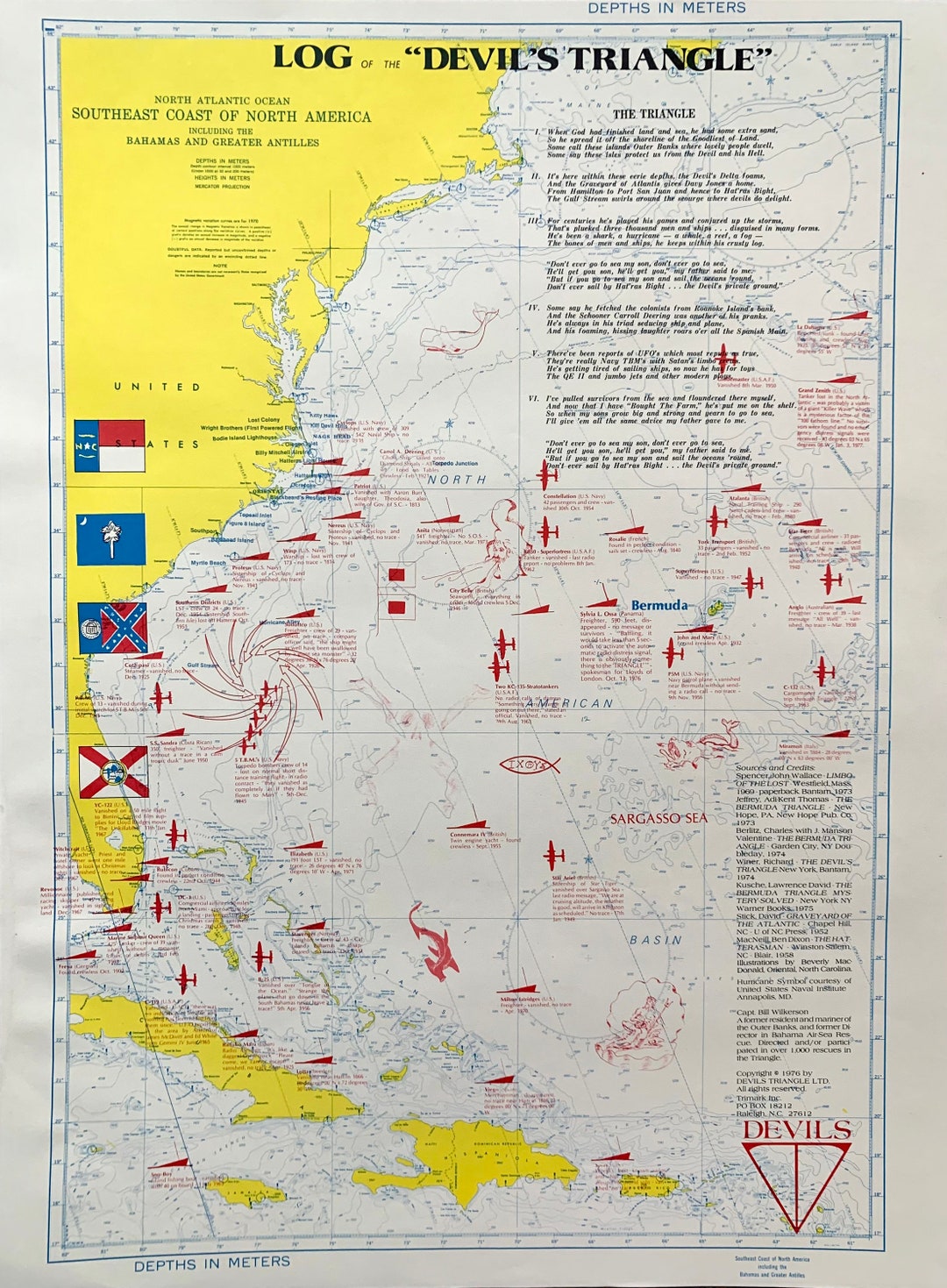 Bermuda Triangle Map, Original 1975 Nautical Map, Devils Triangle Ship ...