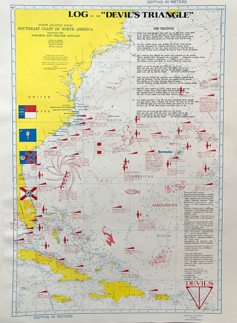 Bermuda Triangle Map, Original 1975 Nautical Map, Devils Triangle Ship ...