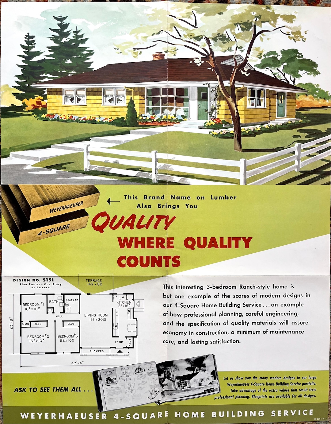 Vintage House Plan Poster, Original 1950s Weyerhaeuser Mid Century ...