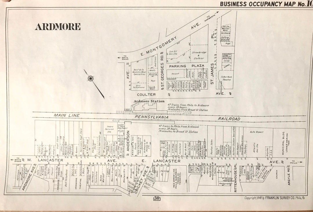 Antique Ardmore Map, 1946 Franklin Survey Co. Montgomery County, Main ...
