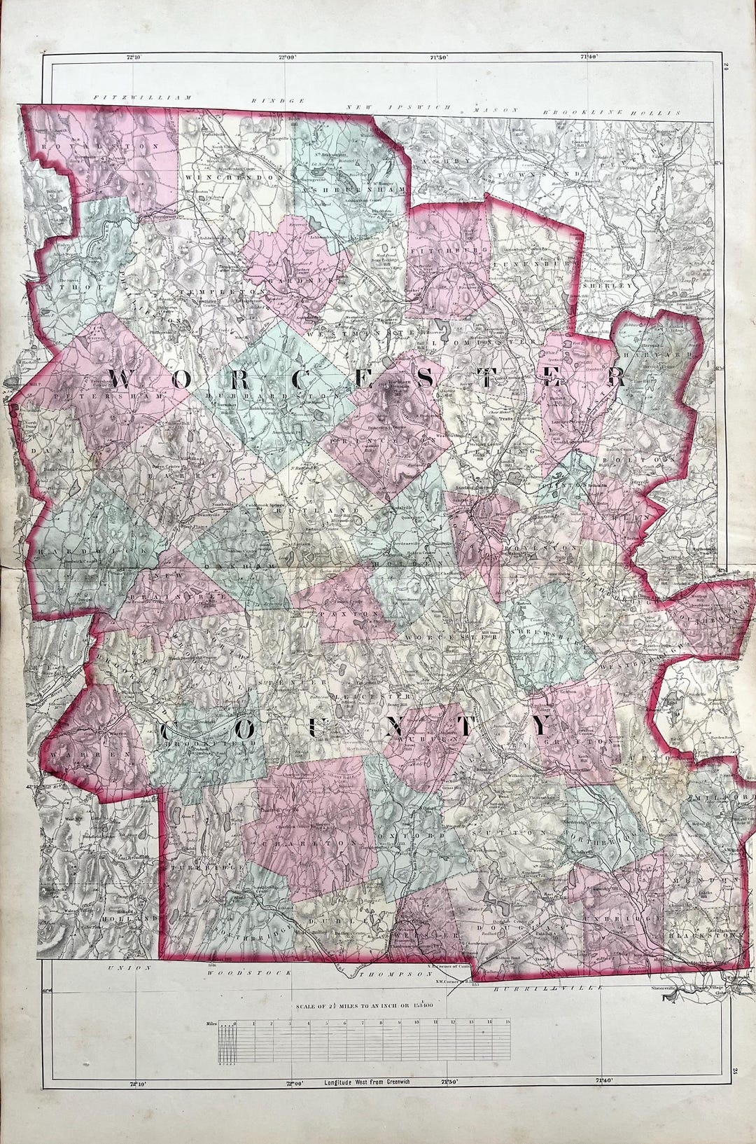 Worcester County Map, Original 1871 Massachusetts Atlas, Fitchburg ...