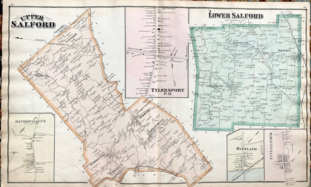 Upper Salford Map, Lower Salford Map, Original 1877 Montgomery County ...