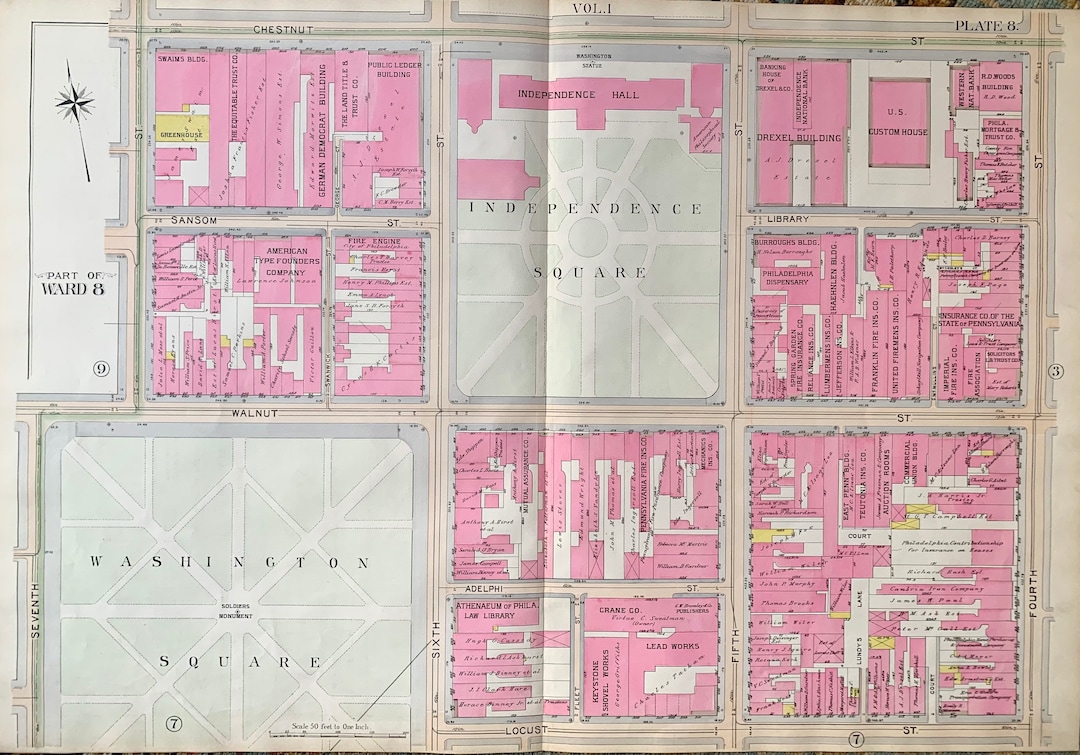 Independence Square Map, Original 1908 Philadelphia Atlas, Washington ...