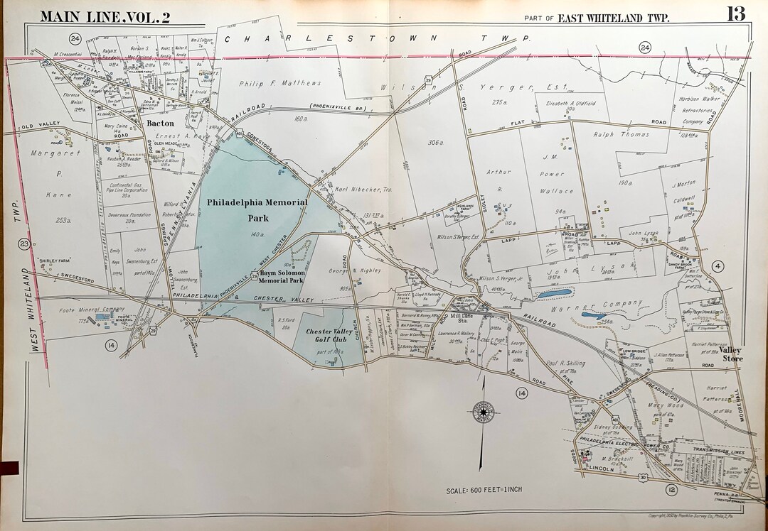 East Whiteland Township Map, Original 1950 Franklin Survey Main Line ...
