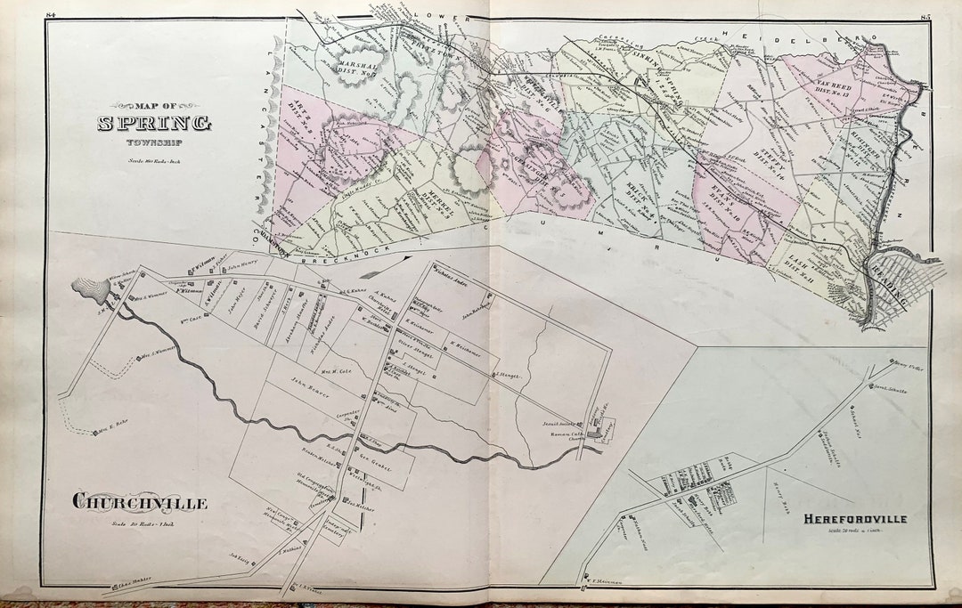 Spring Township Map, Original 1876 Berks County Pennsylvania Atlas ...