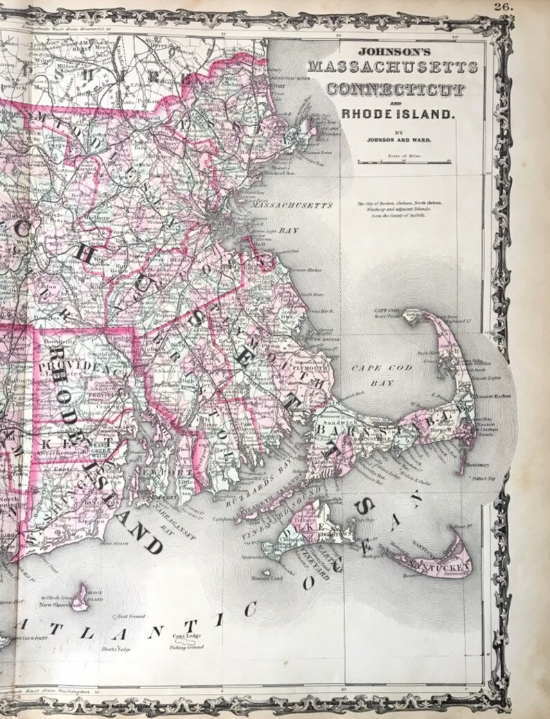 Massachusetts, Connecticut and Rhode Island Map, Original 1863 Johnsons ...