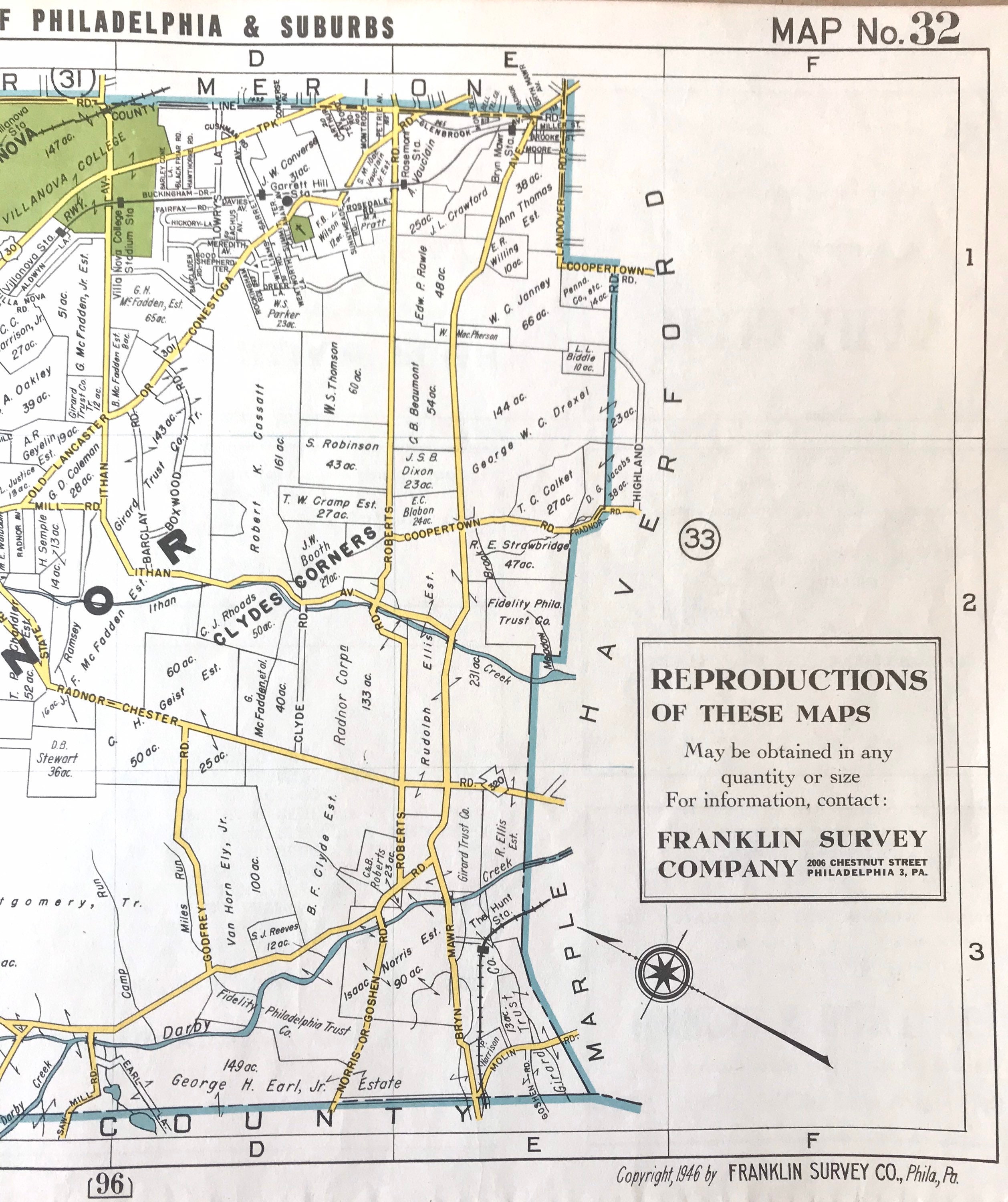 Original Radnor Township Map, 1946 Franklin Survey Company, Villanova ...