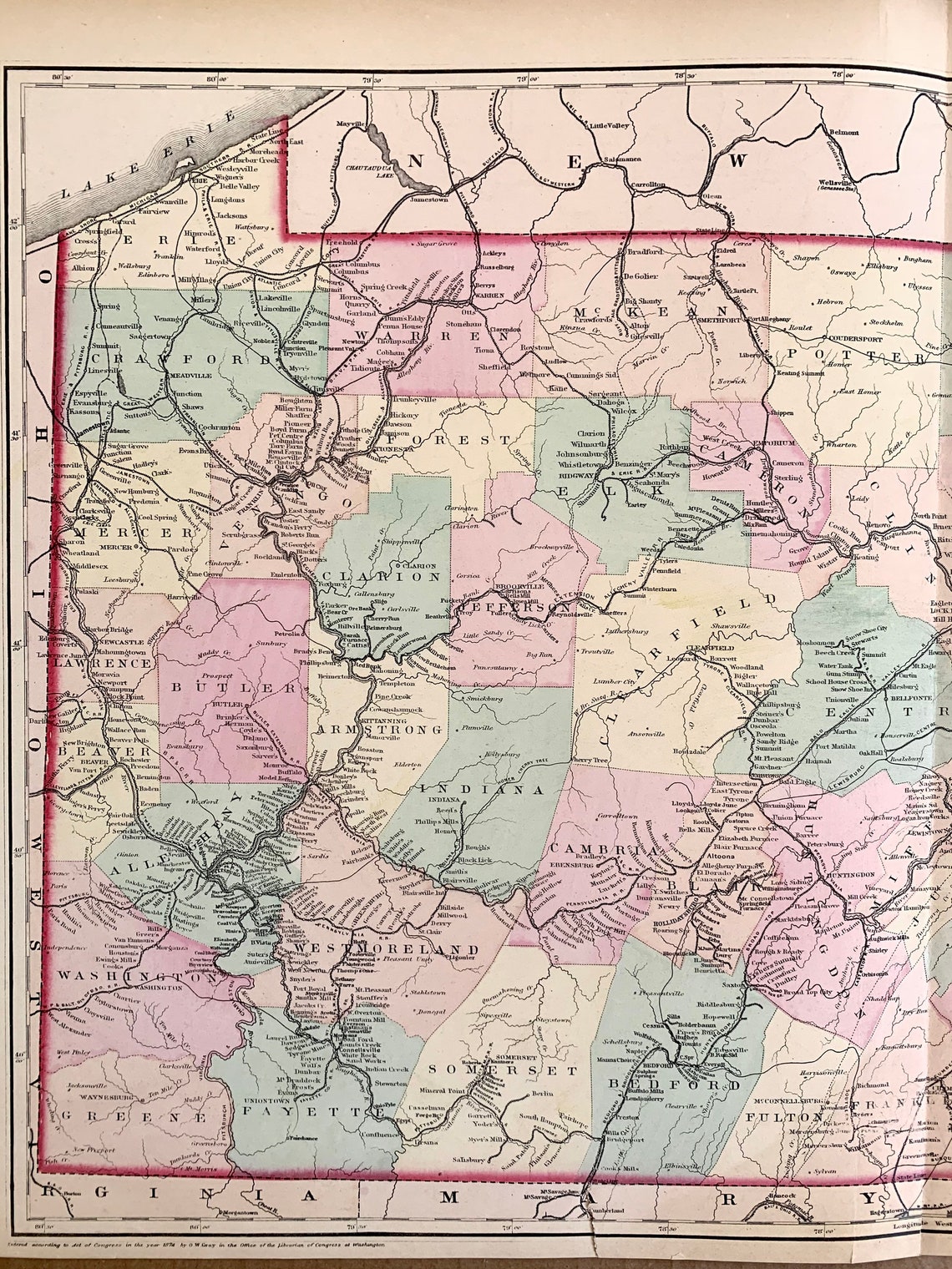 Pennsylvania Railroad Map Original 1874 State of Pennsylvania | Etsy