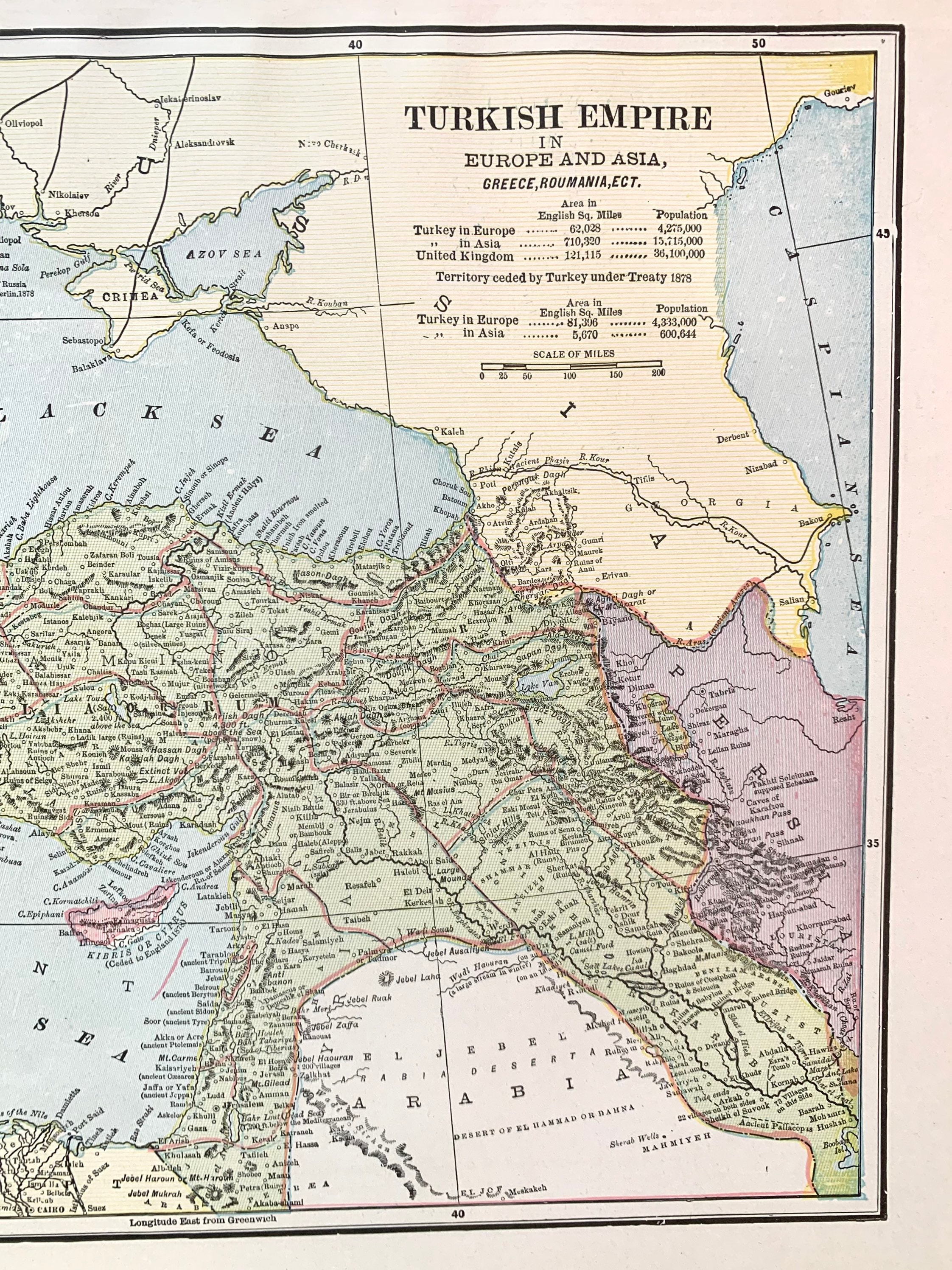 Turkish Empire Map, Original 1895 Crams Atlas, Turkey, Europe, Greece ...