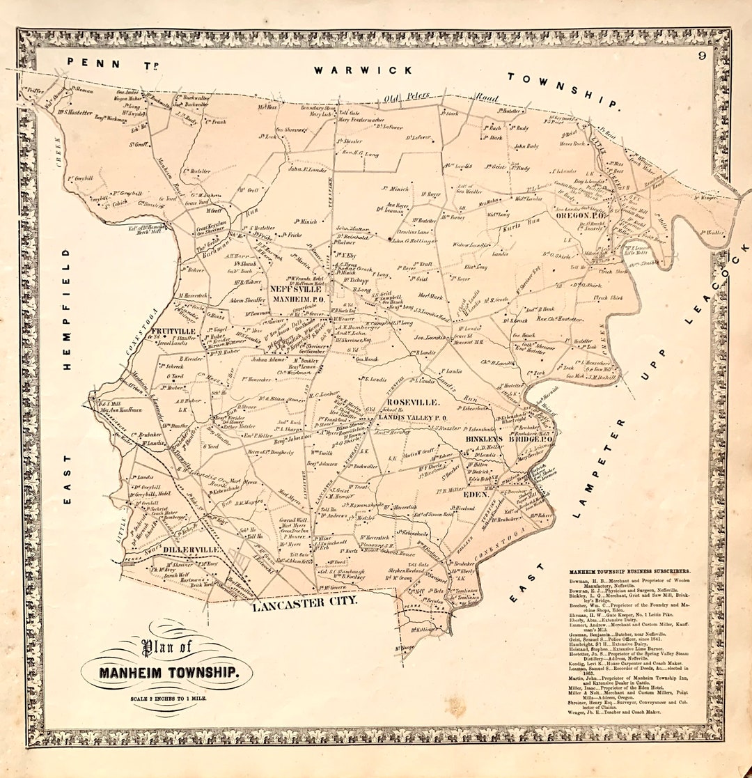 Manheim Township Map, Original 1864 Lancaster County Atlas, Neffsville ...