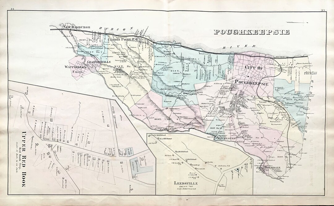 Poughkeepsie Map, Original 1876 Dutchess County Atlas, Wappingers Falls ...