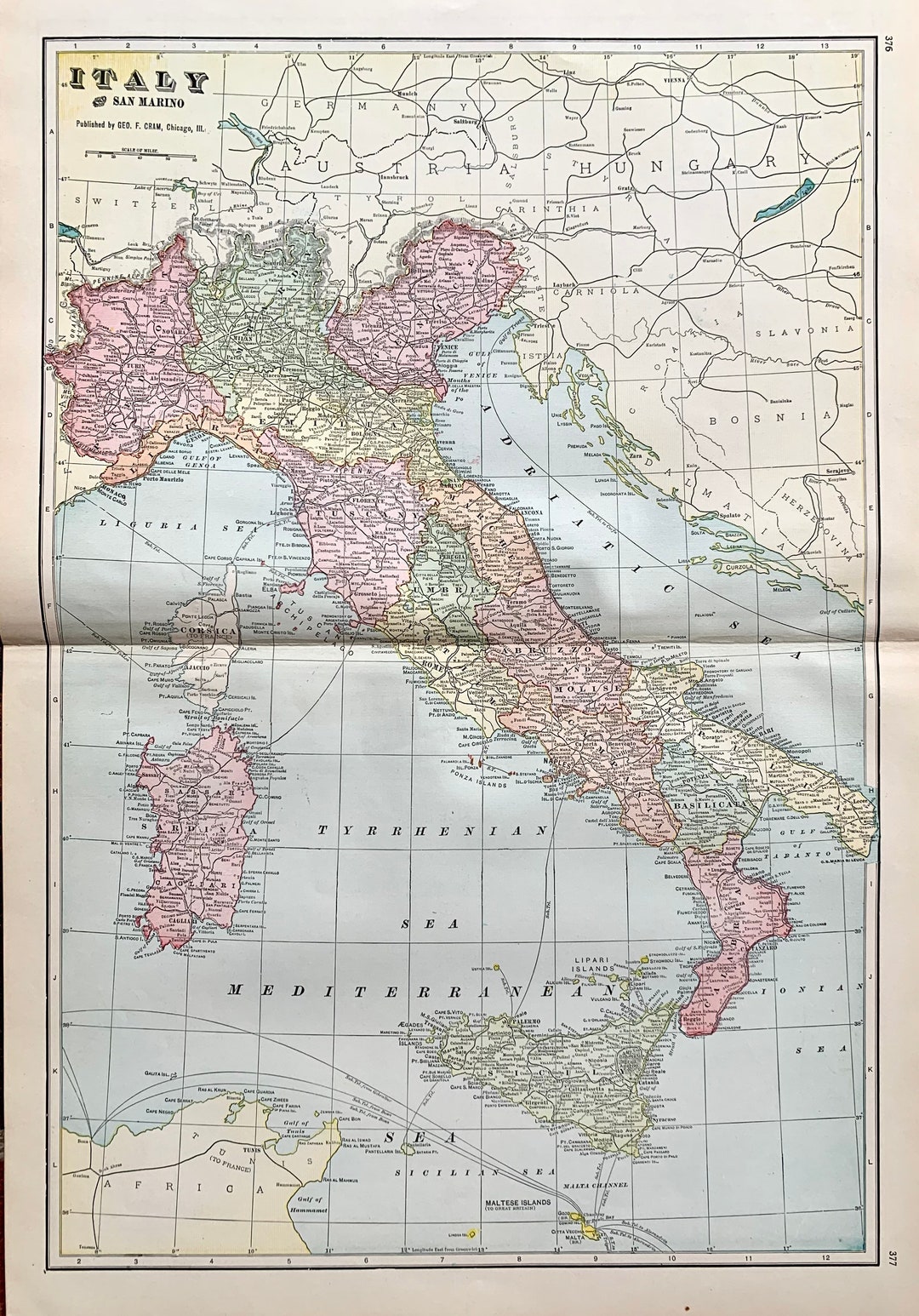 Italy Map, Original 1895 Crams Atlas, Rome, Florence, Tuscany, Naples ...