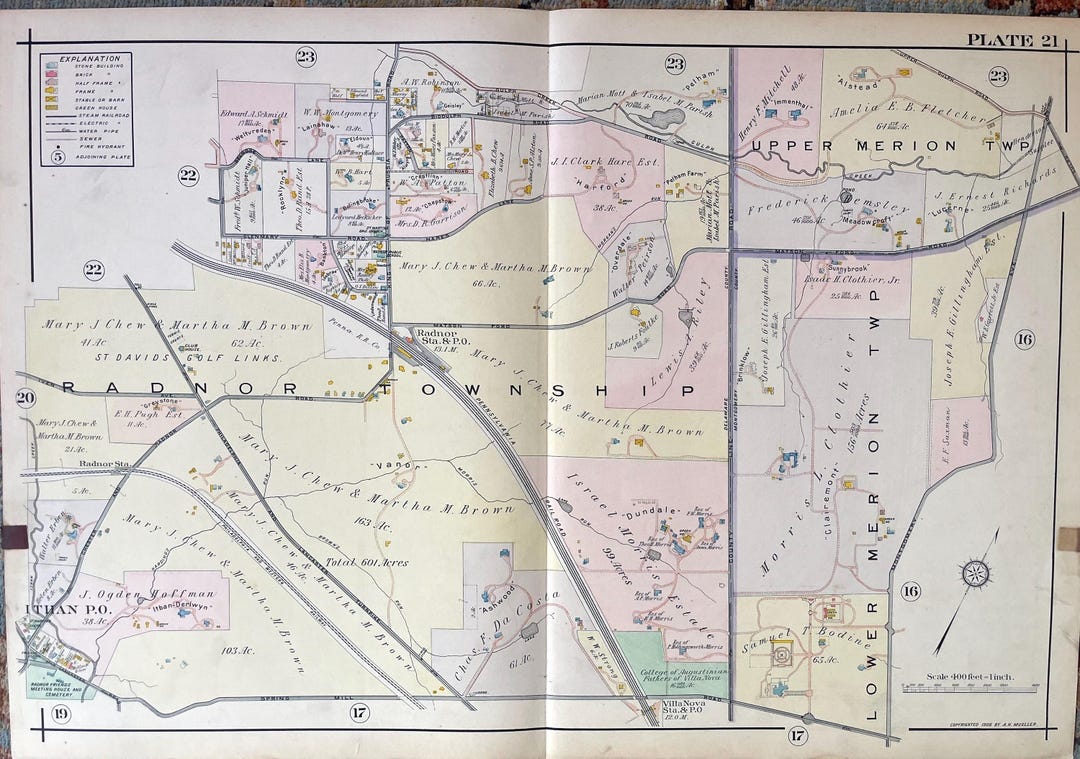 Radnor Township Map, Original 1908 Main Line Railroad Atlas, Villanova ...