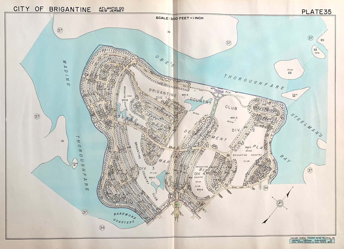 Brigantine Island Map, Original 1938 Absecon Island Atlas, Pirates Den ...