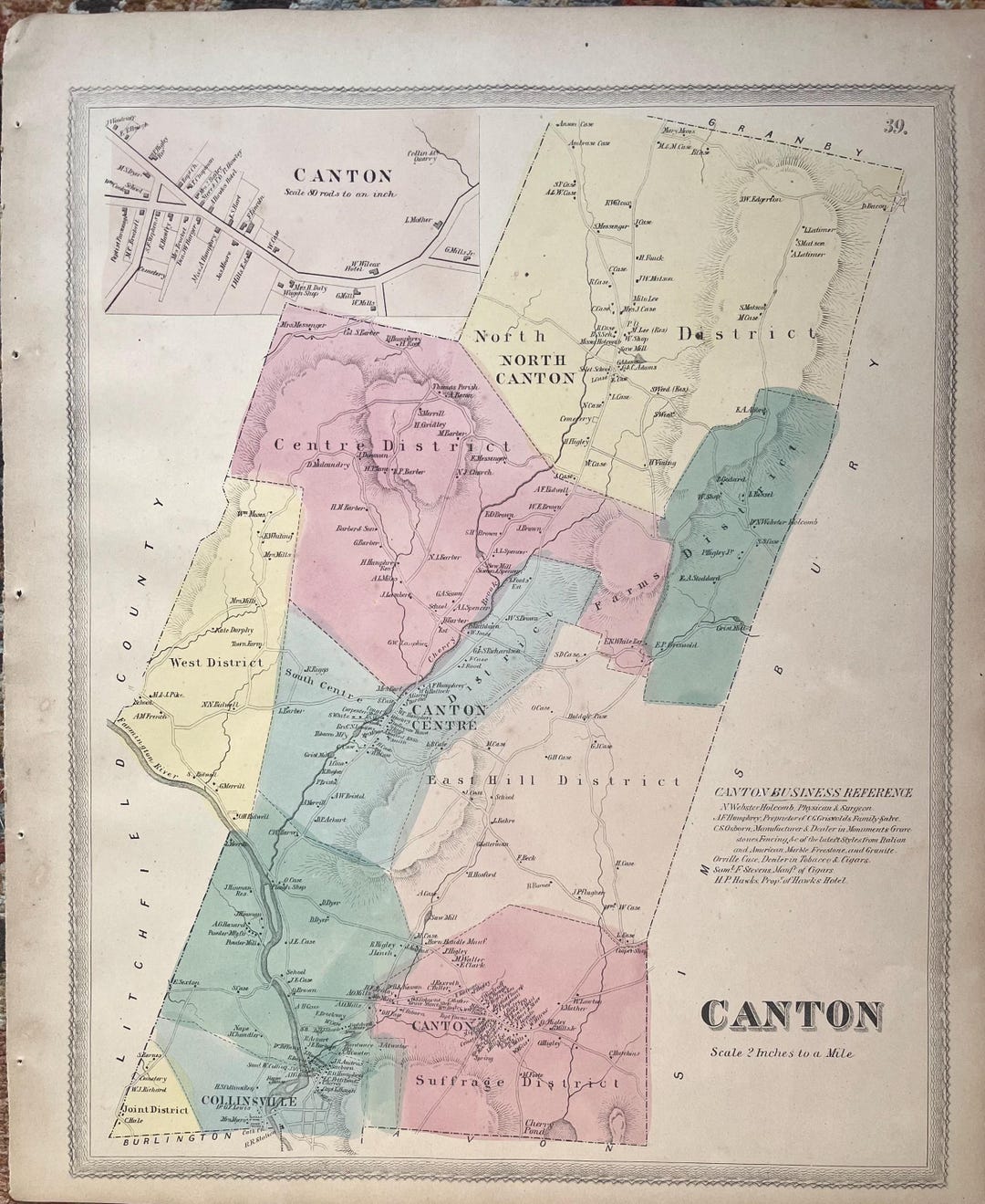 Canton Map, Original 1869 Hartford County, Connecticut Atlas ...