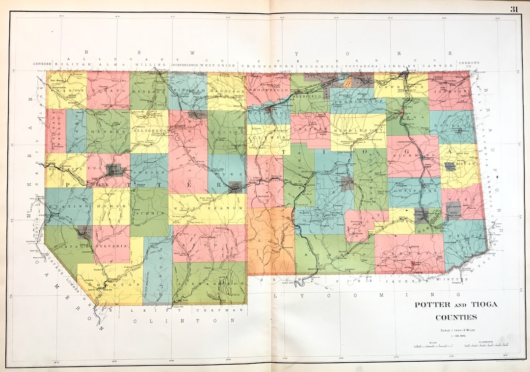 Potter and Tioga County Map, Original 1900 State of Pennsylvania Atlas ...
